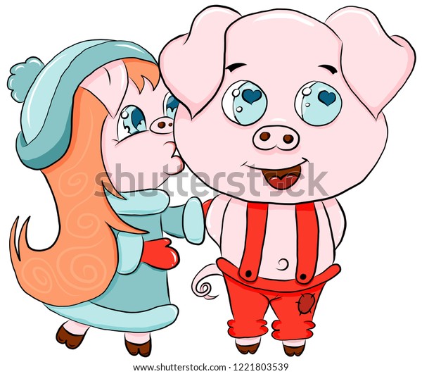 Two Cute Pigs Kiss Winter Costumes Stock Vector (Royalty Free ...