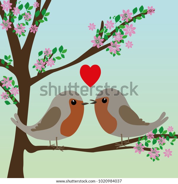 Two Cute Robins Love Blossom Tree Stock Vector (Royalty Free ...