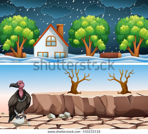 Two Disaster Scene Flood Drought Illustration: เวกเตอร์สต็อก (ปลอดค่า ...