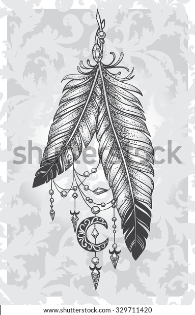 Two feathers tattoo with pendants in the form of crystals and crescent ...
