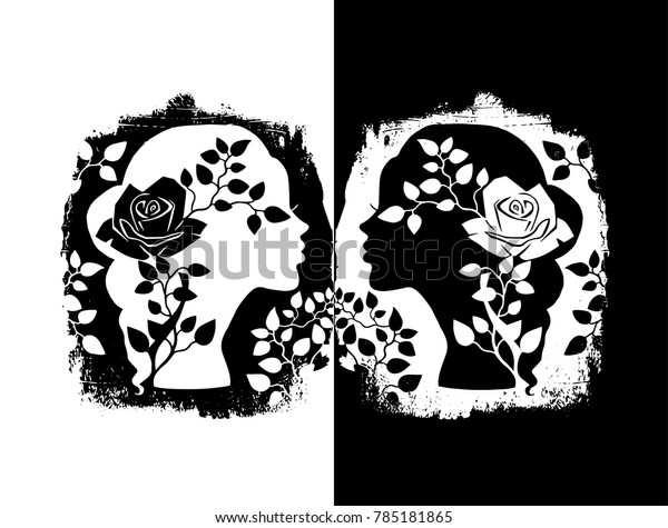 Two Female Profiles Decorated Roses Twigs Stock Vector (Royalty Free ...