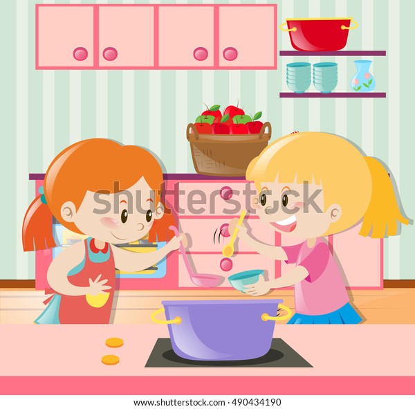 Two Girls Making Soup Kitchen Illustration Stock Vector (Royalty Free ...