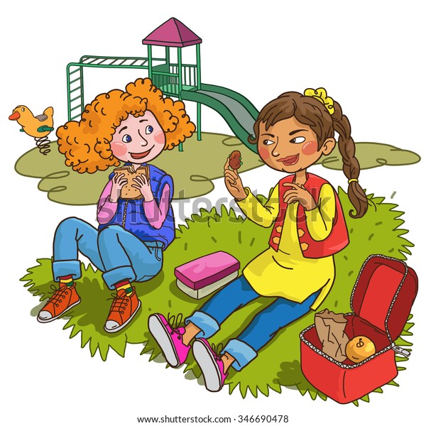 Two Girls Sharing Lunch School Activities Stock Vector (Royalty Free ...