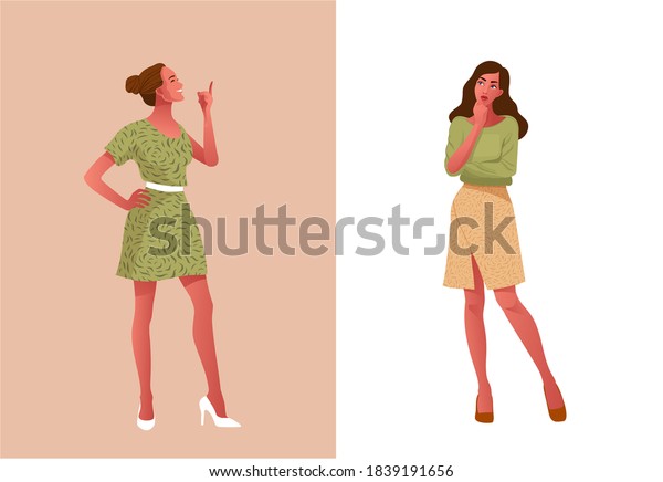 Two Girls Thinking Happy Beautiful Face Stock Vector (Royalty Free ...