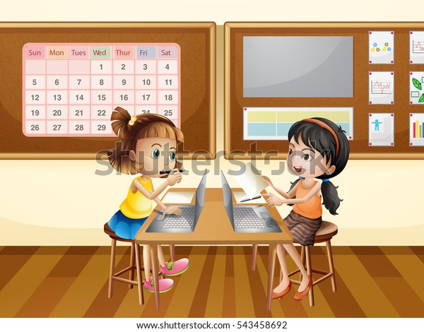 Two Girls Working On Computer Classroom Stock Vector (Royalty Free ...