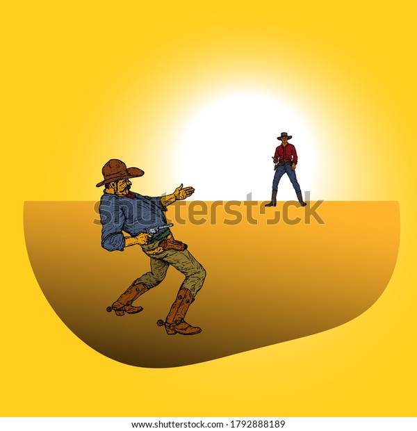 Two Gunslinger Engaged Shootout Sunset Hand Stock Vector (Royalty Free ...