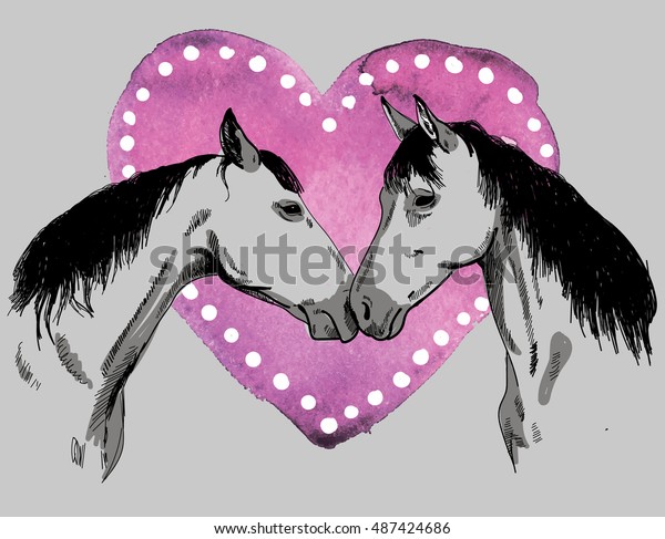 Two Horses Drawing By Hand Valentine Stock Vector (Royalty Free ...