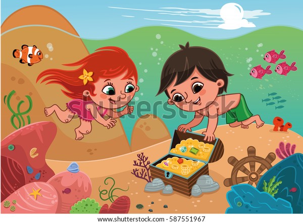 Two Kids Found Treasure Chest While Stock Vector (Royalty Free) 587551967