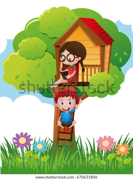 Two Kids Reading Book Treehouse Illustration Stock Vector (Royalty Free ...