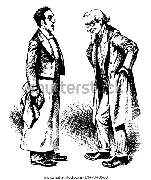 Two Men Arguing Vintage Line Drawing 스톡 벡터(로열티 프리) 1347940568