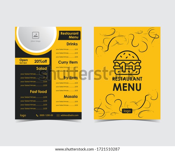 Two pages Modern Restaurant Menu flyer vector template in yellow ...