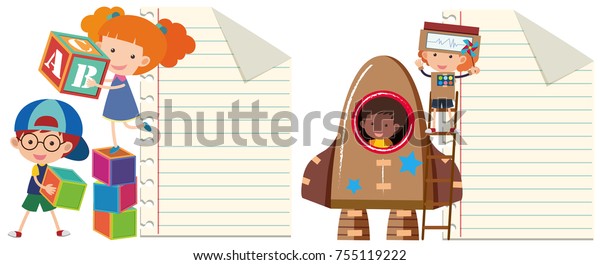 Two Paper Template Kids Playing Toys Stock Vector (Royalty Free ...