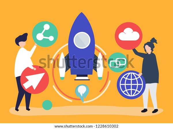 Two People Holding Startup Technology Icons Stock Vector (Royalty Free ...