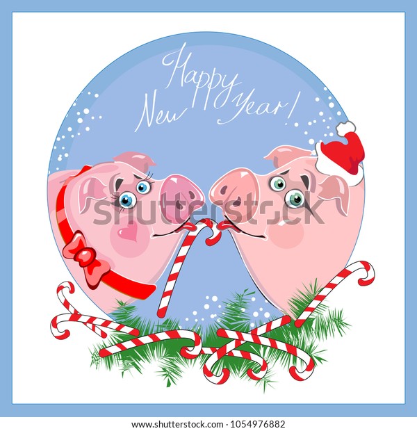 Two pigs, happy new year, enamored pigs, greeting card