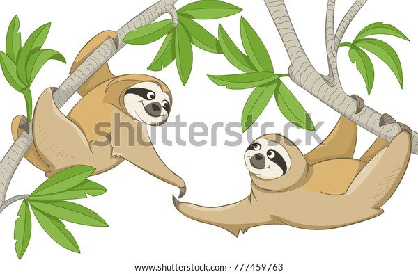 Two smiling animals sloths hang on the branches of trees and stretch ...