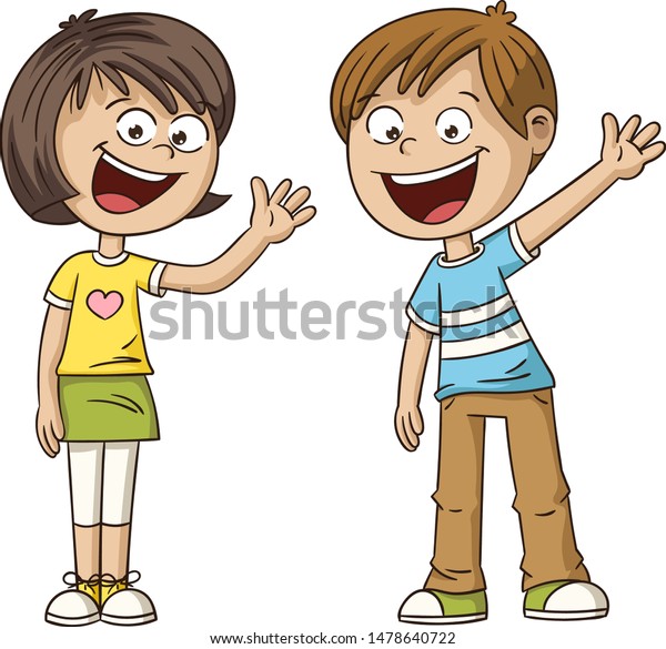 Two Smiling Cartoon Kids Hand Drawn: เวกเตอร์สต็อก (ปลอดค่าลิขสิทธิ์ ...