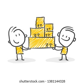 Two Smiling Stick Man Carrying Boxes Stock Vector (Royalty Free) 1381144328