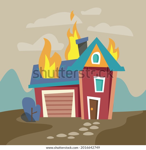 Two Storey Cartoon House Engulfed Flames Stock Vector (Royalty Free ...