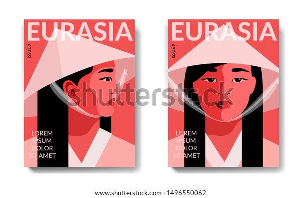 Two variants of magazine cover designs. Female portraits, side and ...