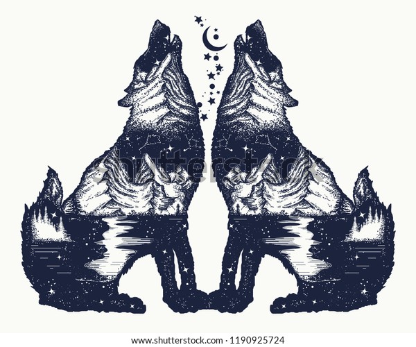 Two Wolves Double Exposure Tattoo Tshirt Stock Vector (Royalty Free ...