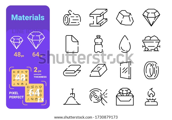 Los tipos de iconos de línea de materiales establecen la ilustración ...
