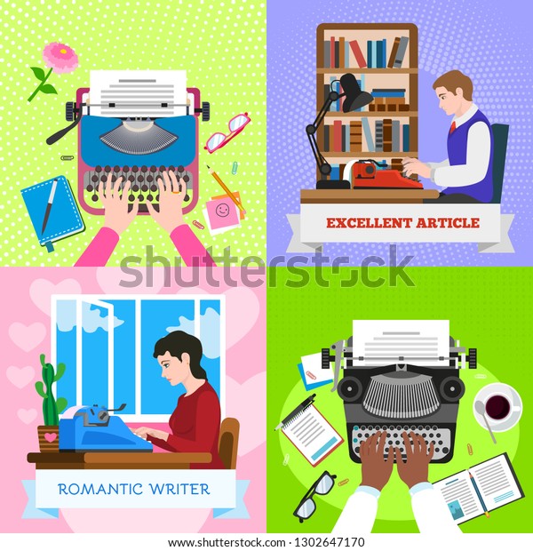 Typewriter Work Banner Set Flat Illustration Stock Vector (Royalty Free ...