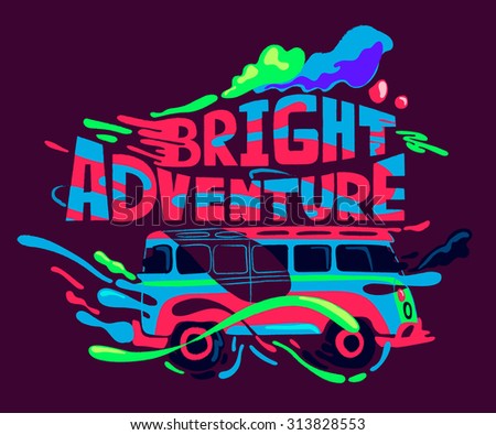 Typographic Poster Psychedelic Bus Bright Adventure Stock Vector ...