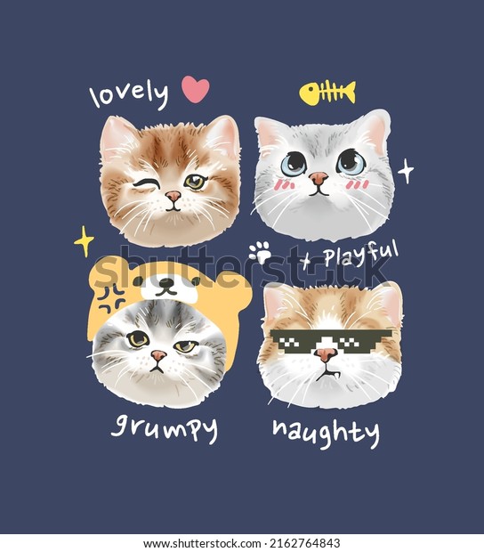 Typography Slogan Cute Cats Faces Colorful Stock Vector (Royalty Free ...