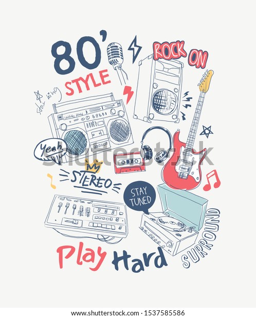 Typography Slogan Hand Drawn Music Instruments Stok Vektör (Telifsiz ...