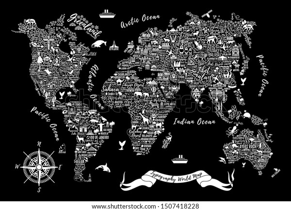 Typography World Map Travel Poster Cities Stock Vector (Royalty Free ...