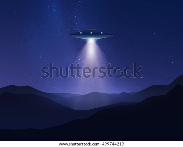 Ufo Night Sky Over Mountain Emits Stock Vector (Royalty Free) 499744219
