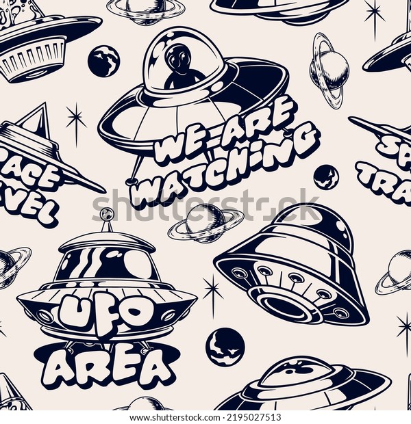 Ufo Vintage Seamless Pattern Monochrome Flying Stock Vector (Royalty ...