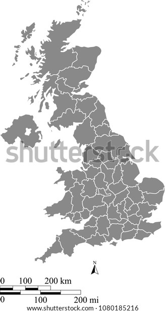 UK map vector outline with scales of miles and kilometers and borders ...