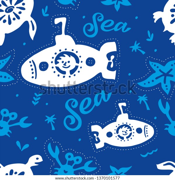 Underwater World Seamless Pattern Submarine Lettering Stock Vector ...