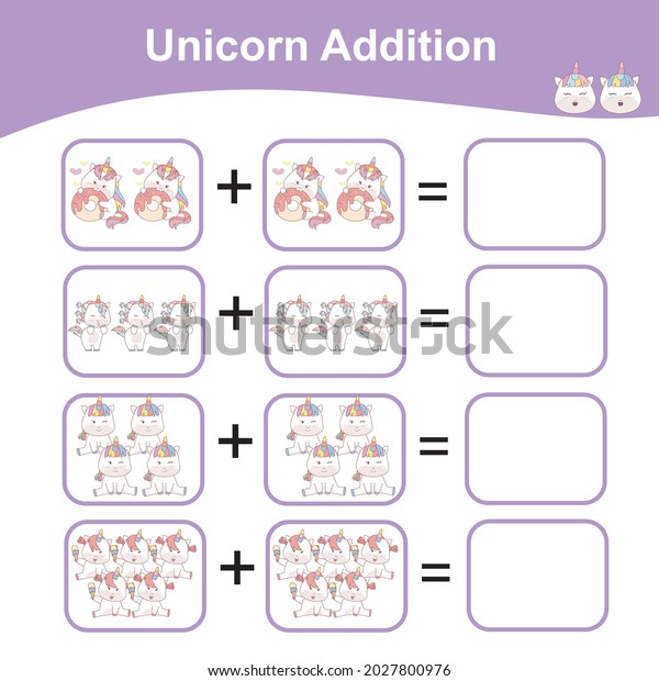 Unicorn Addition Math Game Preschool Counting Stock Vector (Royalty ...