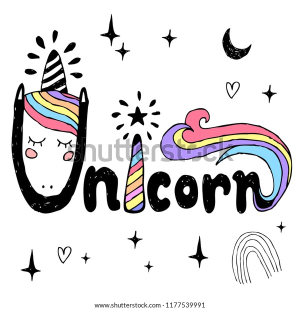 Unicorn Cute Character Hand Written Lettering Stock Vector (Royalty ...