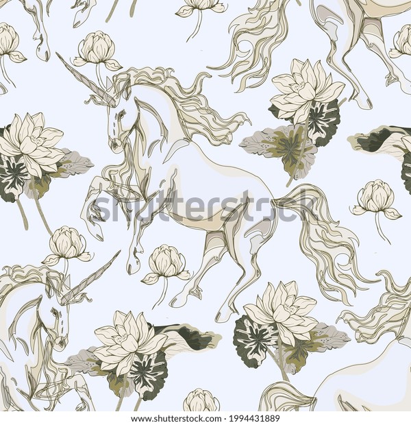 Unicorn Lotus Flowers Leaves Vector Seamless Stock Vector (Royalty Free ...