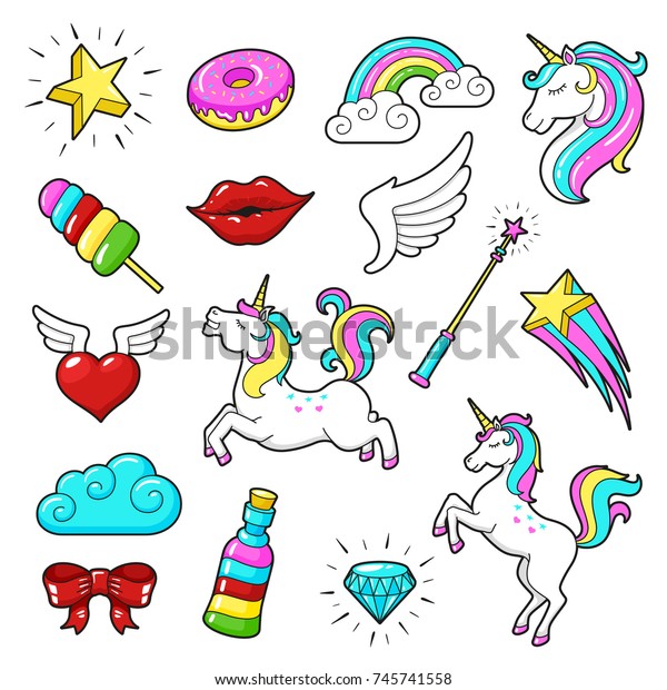 Unicorns icon set. Cute fantasy creature with magic abilities and ...