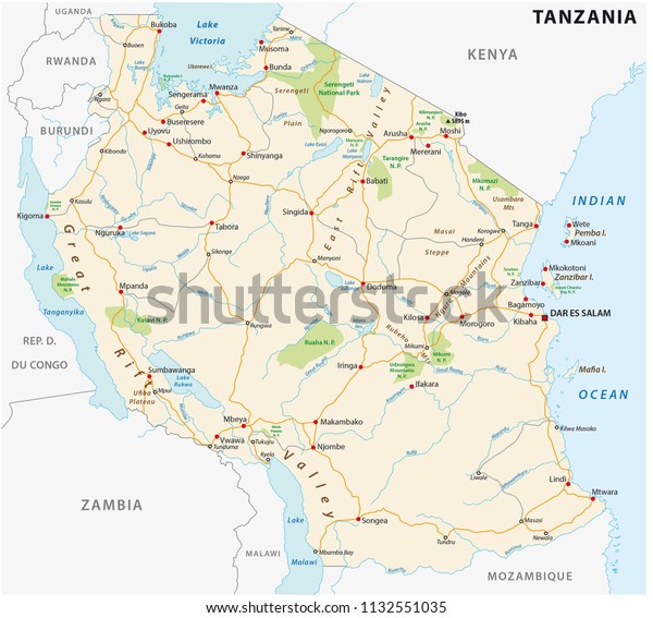 United Republic Tanzania Road Vector Map: เวกเตอร์สต็อก (ปลอดค่า ...