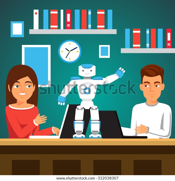 University students man and woman programming humanoid bipedal robot at ...