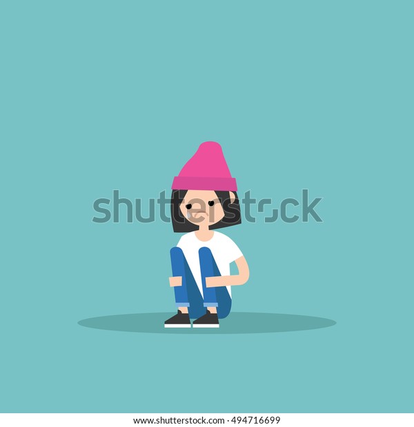 Upset Crying Girl Sitting Hugging Her Stock Vector Royalty Free 494716699