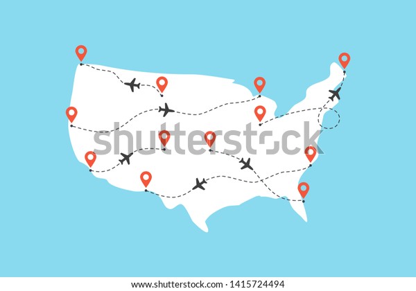 USA map with airplane flight paths on a blue background