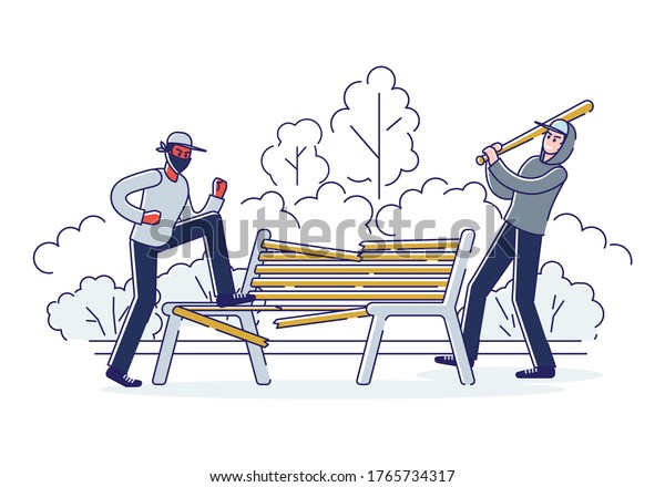 Vandals Damaging Bench Public Park Bandits Stock Vector (Royalty Free ...