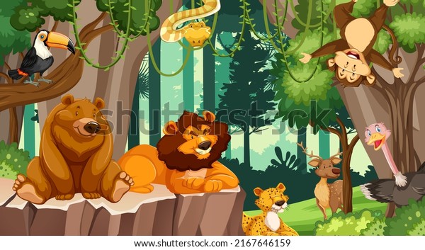 Various Animals Forest Illustration Stock Vector (Royalty Free ...