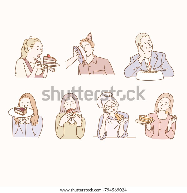 Various Characters Eating Cake Hand Drawn Stock Vector (Royalty Free ...