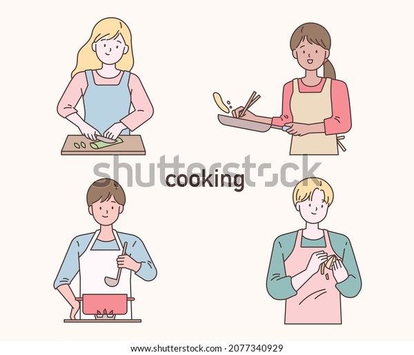 1 Various cooking methods. people who wear aprons and cook. outline ...