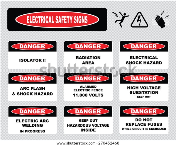 various danger sign, electrical safety signs (isolator, radiation area ...