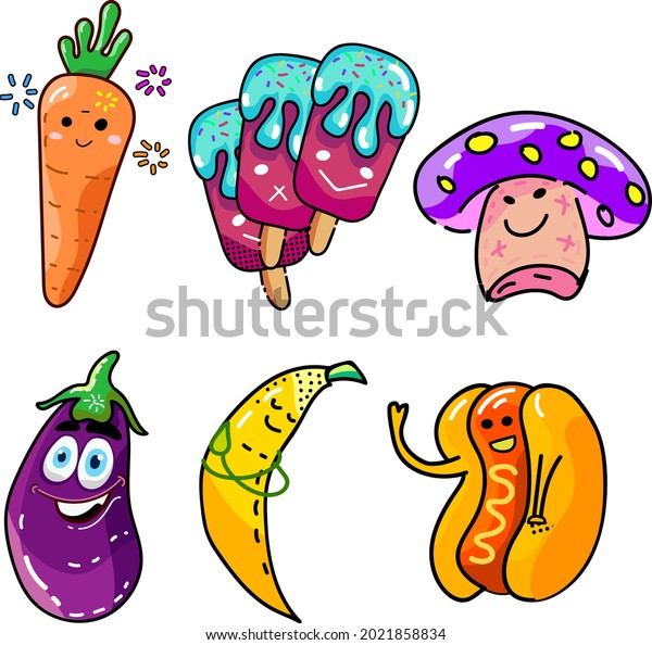 Various Humorous Phallic Foods Funny Stickers Stock Vector (Royalty ...
