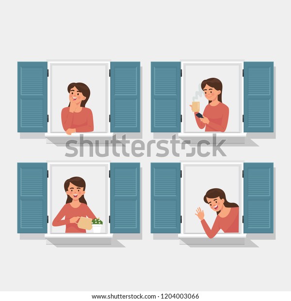 Various Poses Women Through Window Women Stock Vector (Royalty Free ...