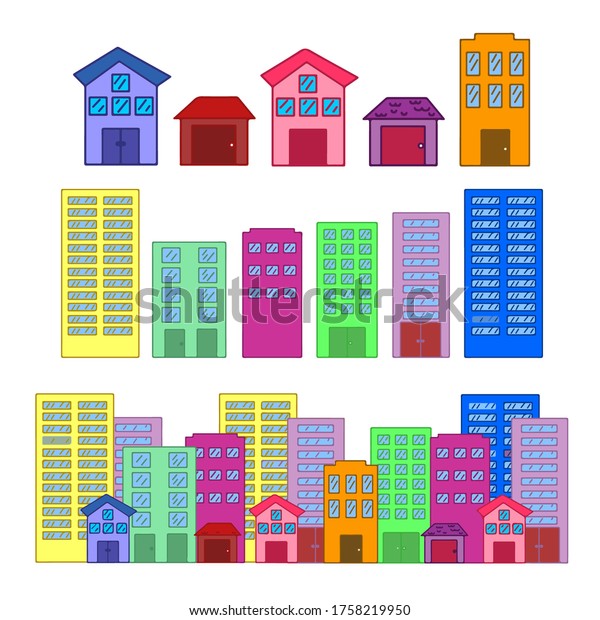 Various Shapes Building Cartoons Stock Vector (Royalty Free) 1758219950 ...